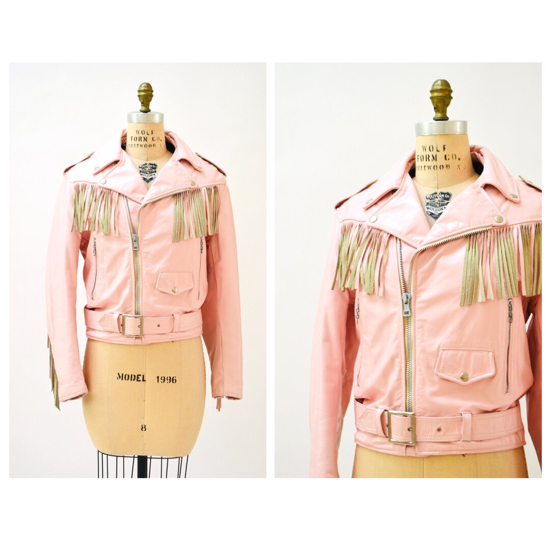 80s 90s Vintage PINK Leather Motorcycle Jacket Pastel Pink Fringe Biker ...