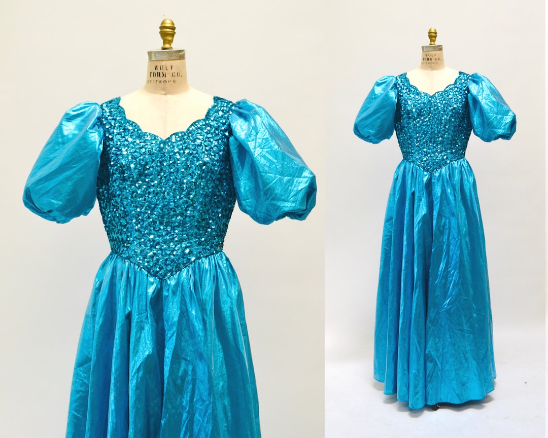 Vintage 80s Prom Sequin Dress Blue Metallic Ball Gown Medium Large ...