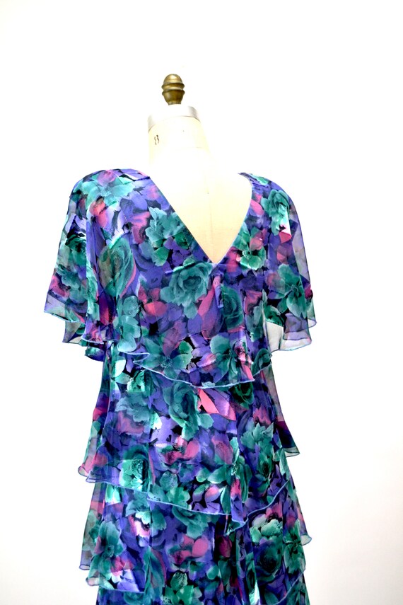 80s Vintage Ruffle Floral Print Dress Chiffon Blue Pu… - Gem