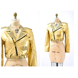 80s 90s Amazing Vintage Gold Leather Biker Jacket Rhinestones Gold ...