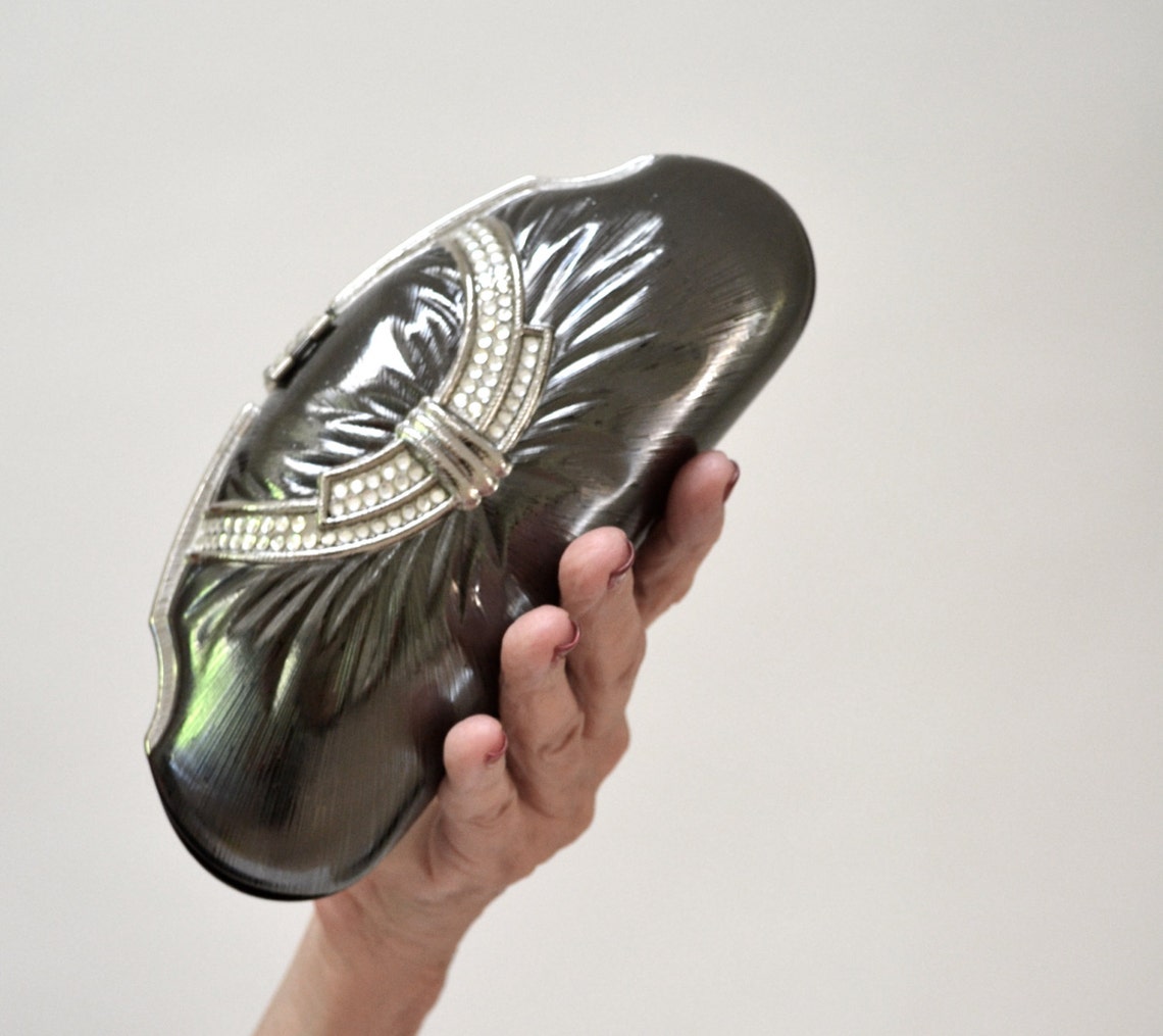 Vintage Silver Clutch with Rhinestones// Vintage Metallic | Etsy