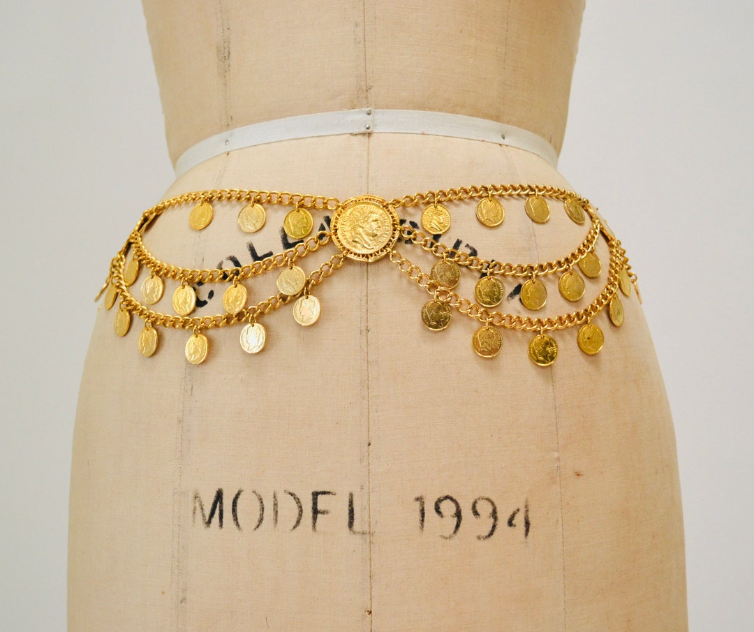 80s 90s Vintage Gold Chain Coin Belt Gold Metallic Pirate Gypsy Gold ...
