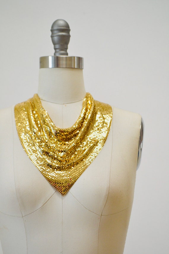 70s 80s Gold Metal Chainmail Collar Necklace Bib Whit… - Gem