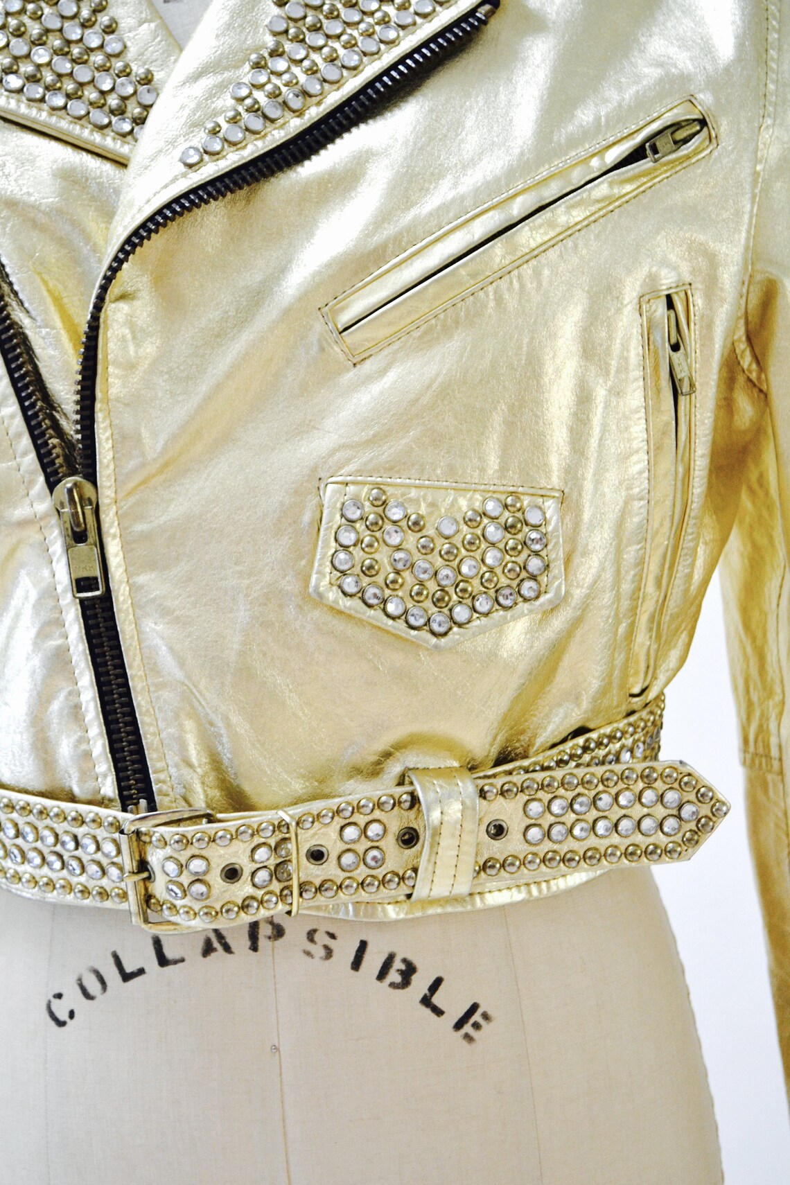 Amazing Vintage Gold Leather Biker Jacket with Rhinestones | Etsy