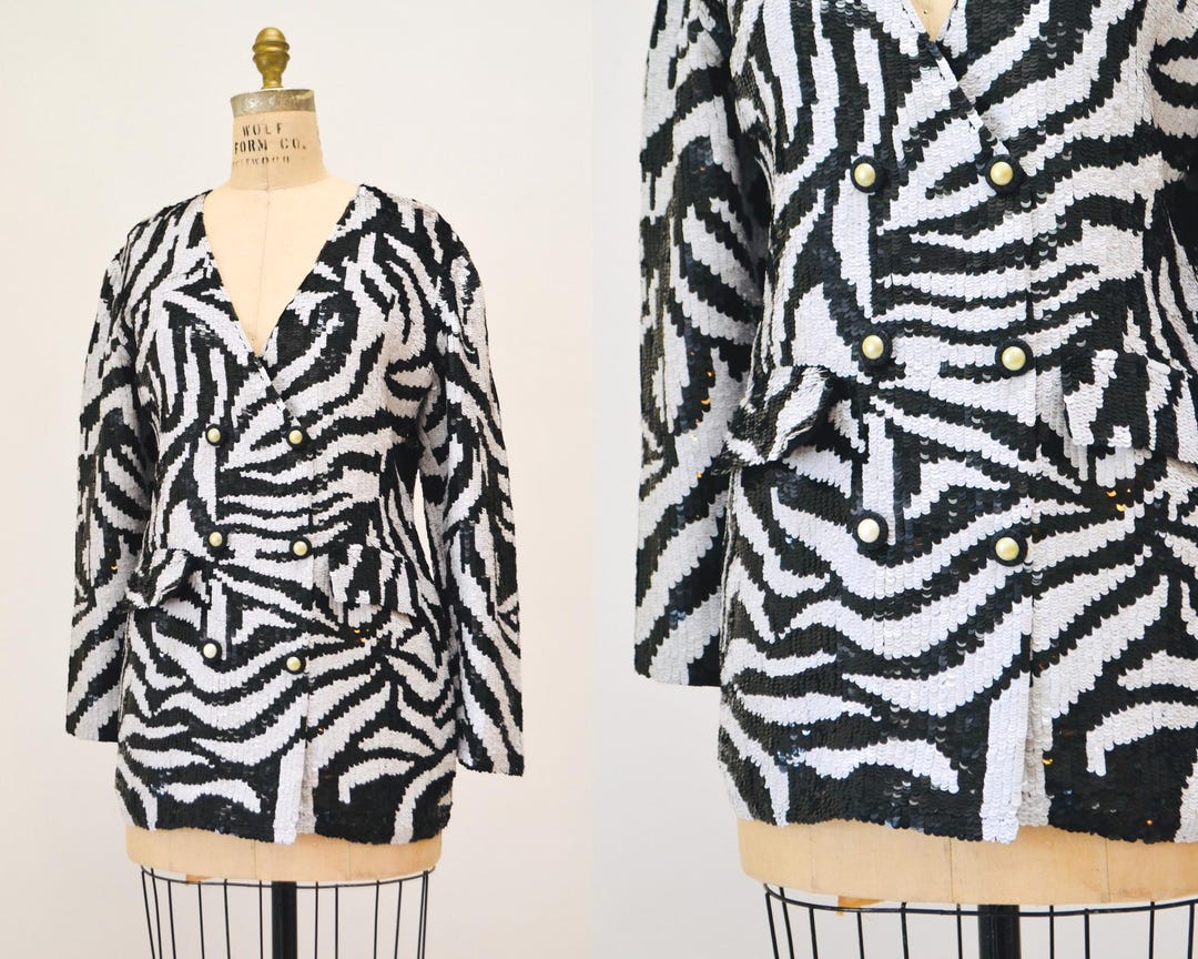 80s 90s Vintage Zebra Sequin Jacket Small Medium Stripe// 90s Black ...