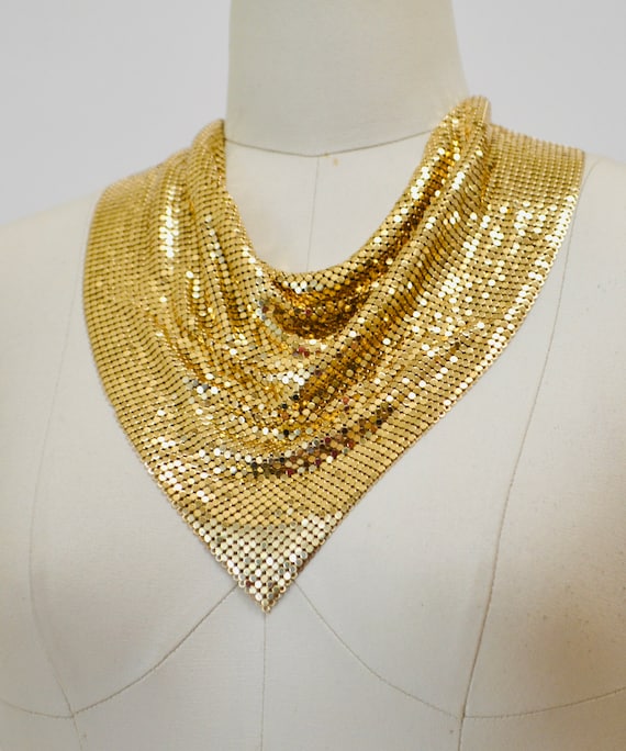 70s 80s Gold Metal Chainmail Collar Necklace Bib Whit… - Gem