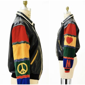 Vintage Moschino Leather Jacket Black Love Peace Heart Red and Black ...