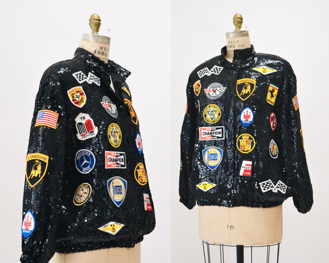 90s Vintage Black Sequin Jacket Race Car Patches Jeanette Kastenberg St ...