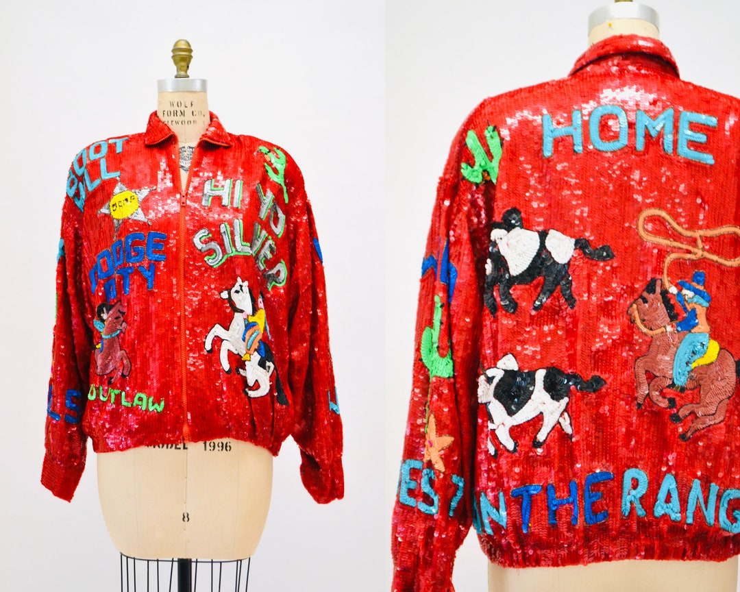80s Vintage Red Sequin Jacket Horses Cowboys Native American Jacket ...
