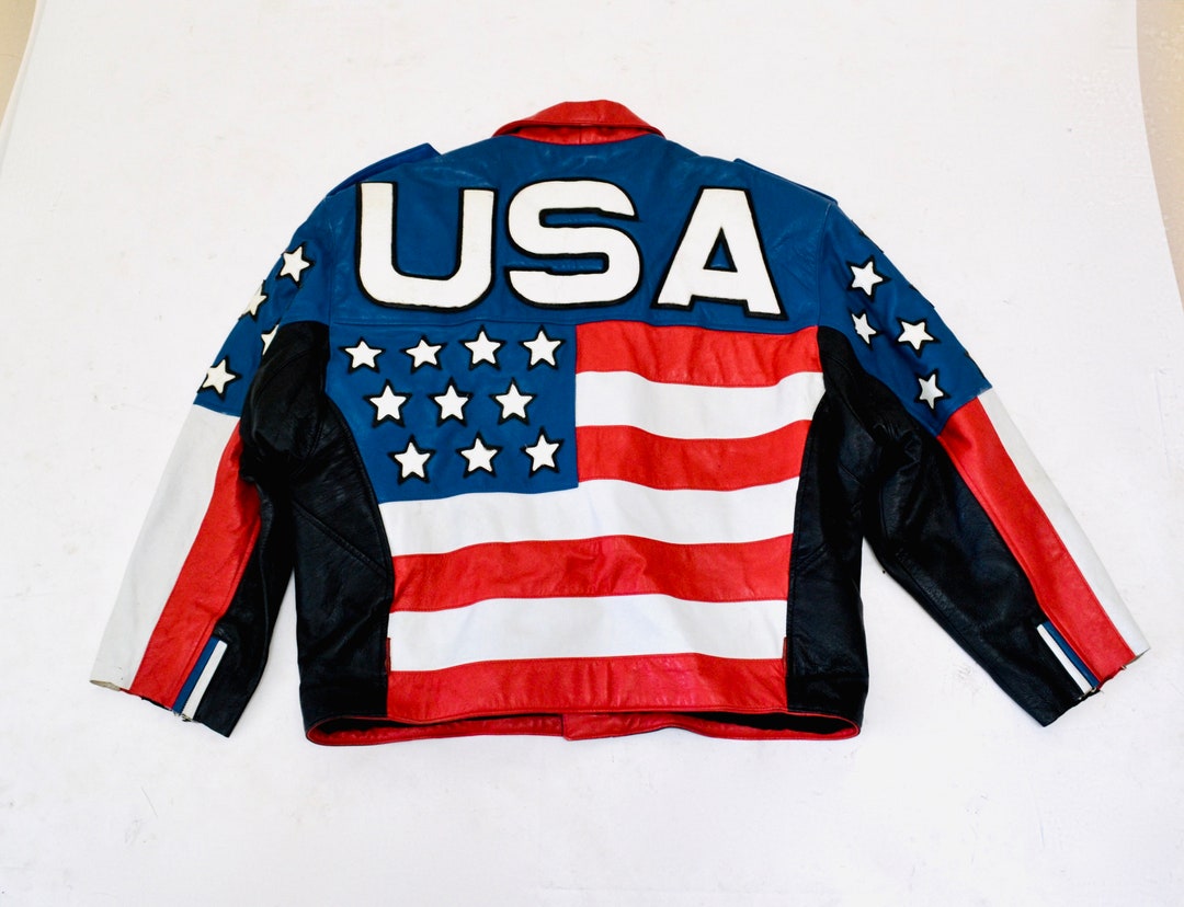 Mens Vintage Black Leather Motorcycle Jacket USA American Flag LA ROXX ...