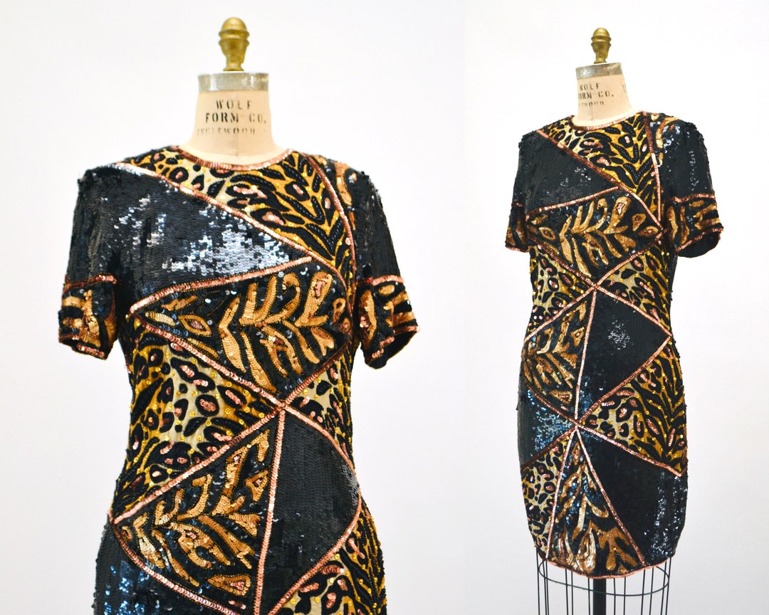 80s 90s Vintage Sequin Leopard Animal Pattern Dress Size Medium by Modi ...