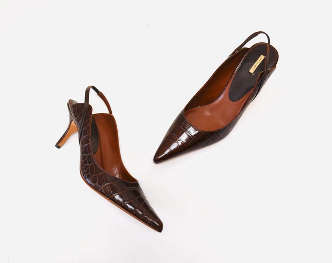 90s 00s Y2k VINTAGE High Heels Brown Leather 8 1/2 Sling Back Pointed ...