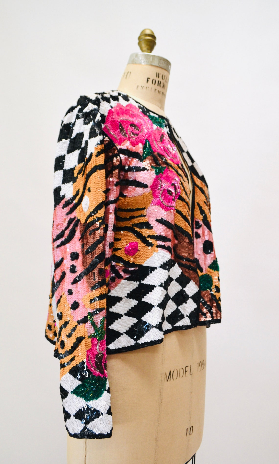 80s 90s Vintage Sequin Jacket Floral Zebra Checkered Sequin Jacket Size ...