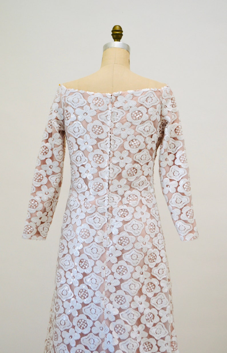 70s 80s Vintage SCAASI Boutique White Floral Sequin Wedding Dress With ...