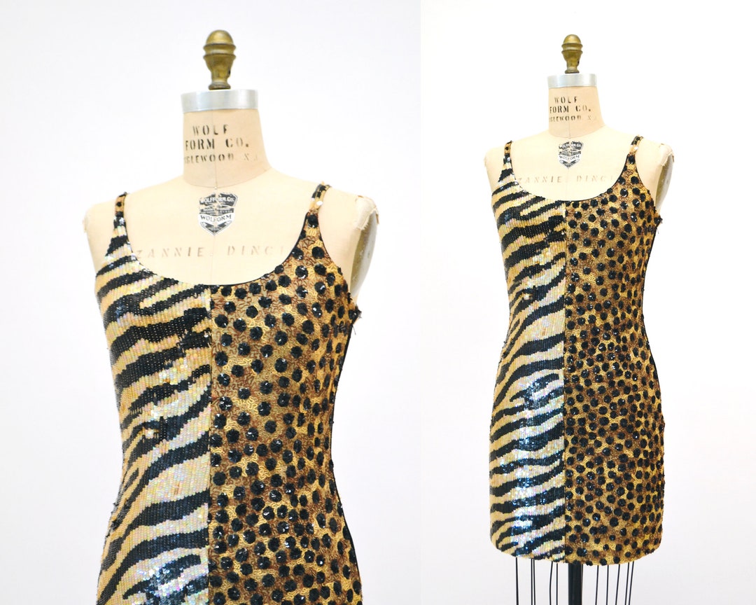 80s 90s Vintage Sequin Leopard Tiger Animal Pattern Dress Small Medium ...