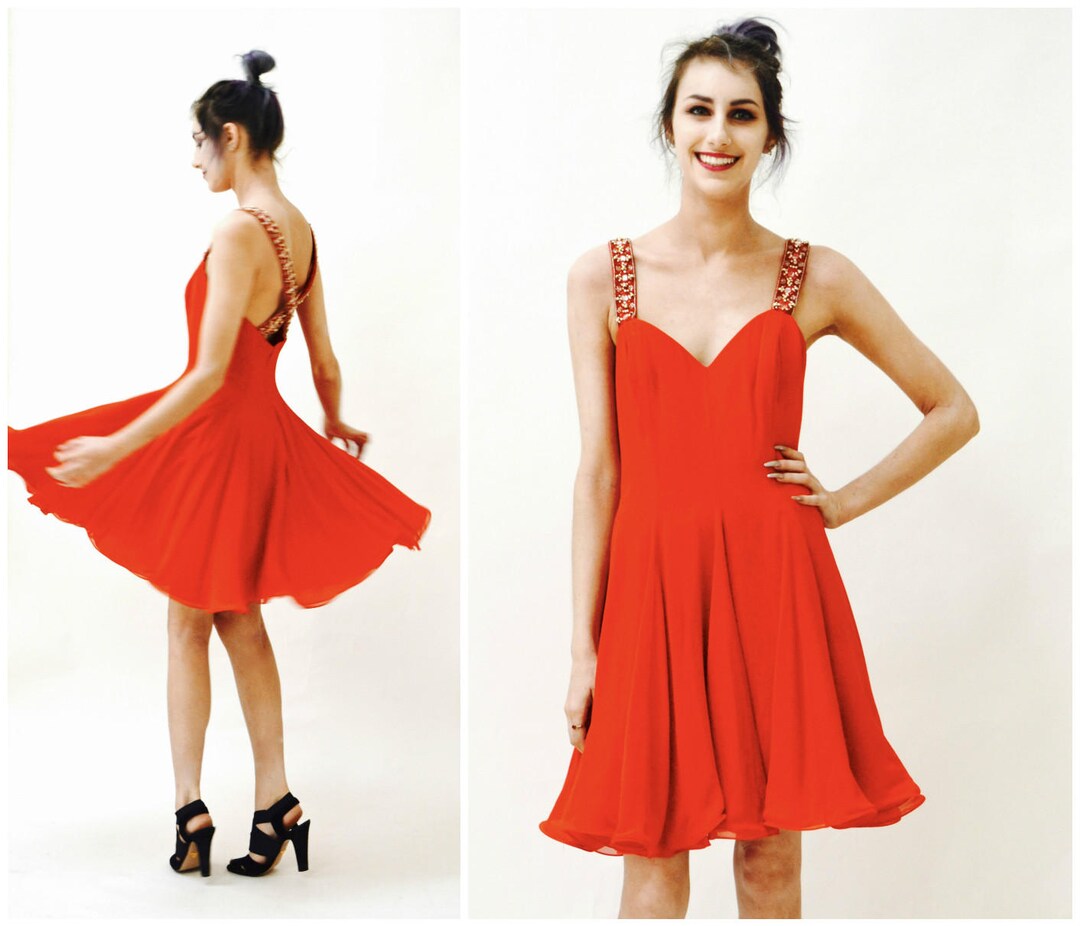 90s Prom Dress Vintage Red Party Dress Silk Dress Beaded Dress Small ...