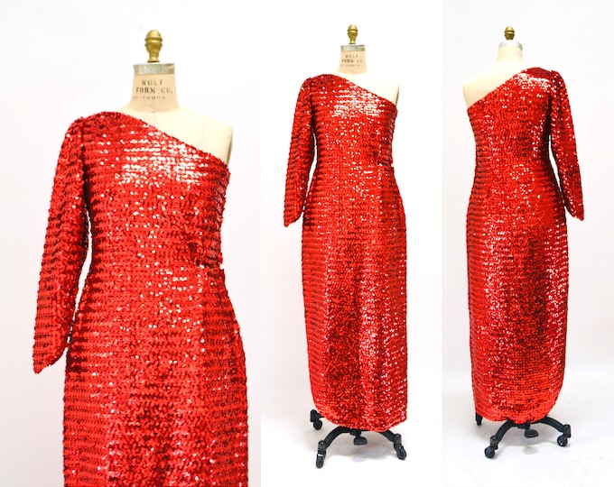 70s Vintage Red Sequin Gown Dress Red Sequin Showgirl One Shoulder ...