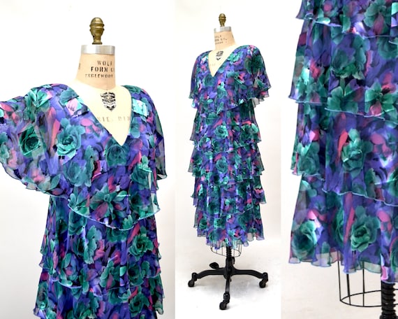 80s Vintage Ruffle Floral Print Dress Chiffon Blue Pu… - Gem