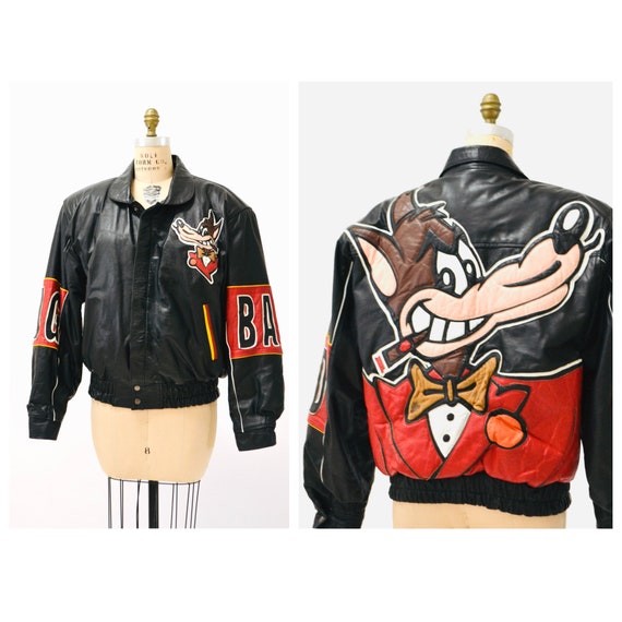 Vintage Black Leather Jacket With Big Bad Wolf Cartoon Comic Vintage Black Leather Jacket With Big Bad Wolf Cartoon Comic