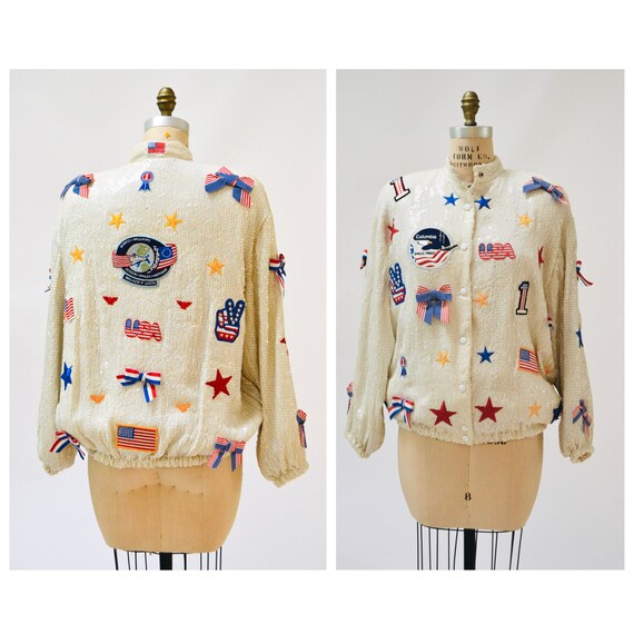 Vintage USA White Sequin Jacket American Flag Patch J… - Gem