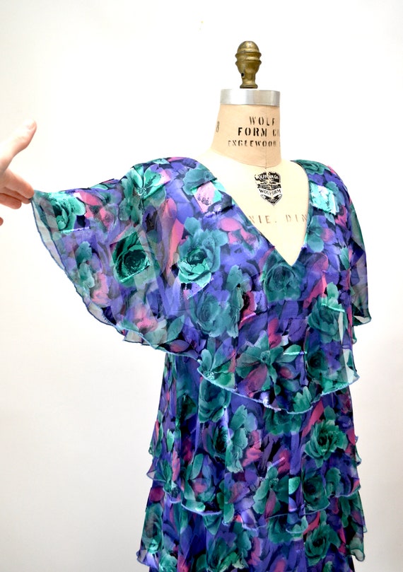 80s Vintage Ruffle Floral Print Dress Chiffon Blue Pu… - Gem