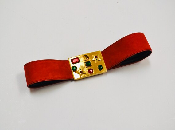 80s 90s Vintage ESCADA Red Gold Gemstone Belt Metalli… - Gem