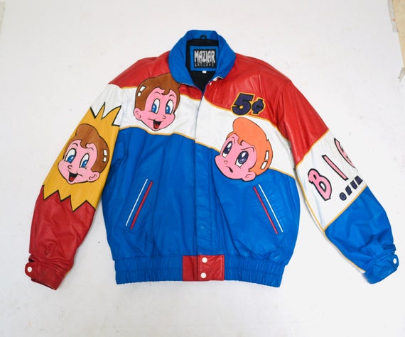 80s 90s Vintage Bubble Gum Leather Jacket Comic Black… - Gem