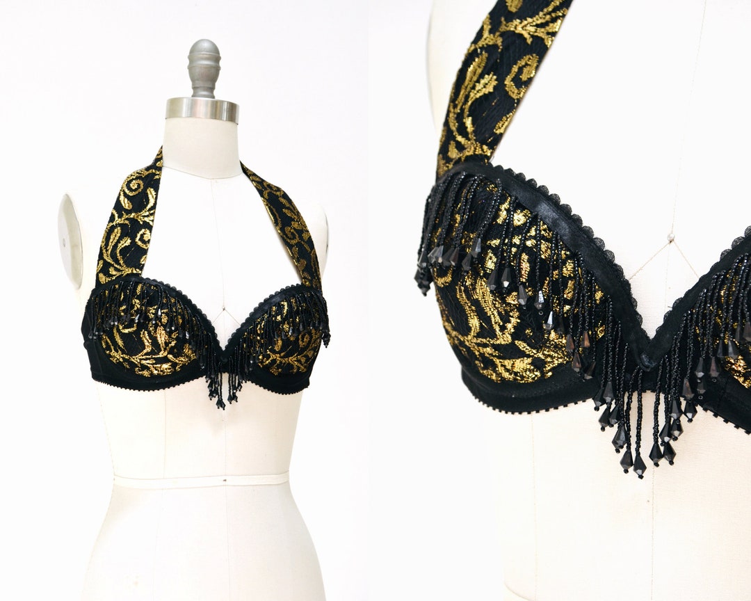 80s 90s Black Lace Bra Showgirl Beaded Fringe Halter Neck Bra Crop Top ...