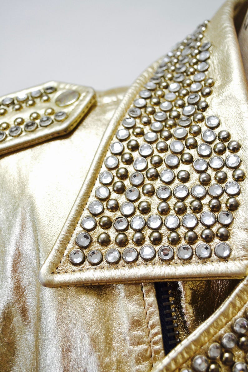 Amazing Vintage Gold Leather Biker Jacket With Rhinestones | Etsy