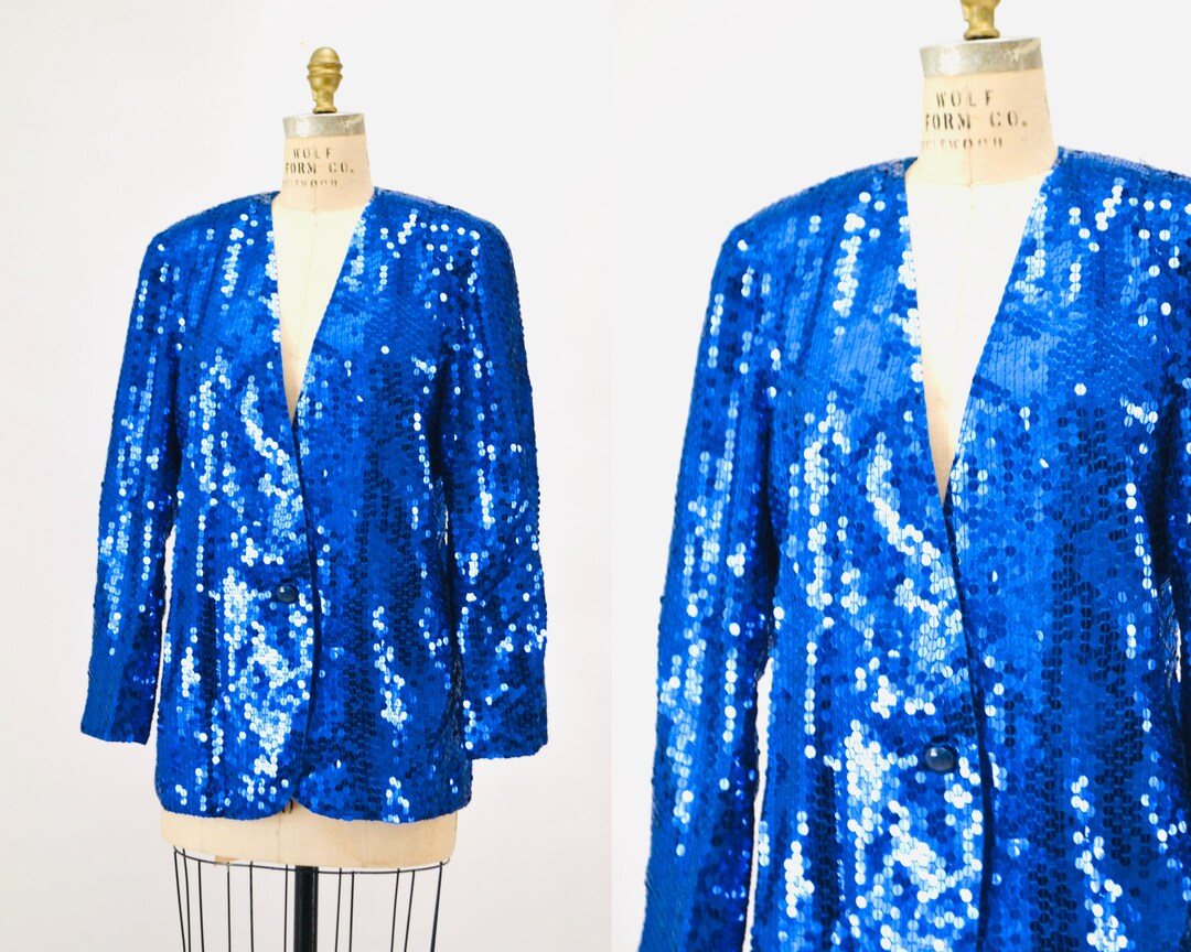 80s Vintage Blue Sequin Jacket Blazer Small Medium Blue Metallic Formal ...