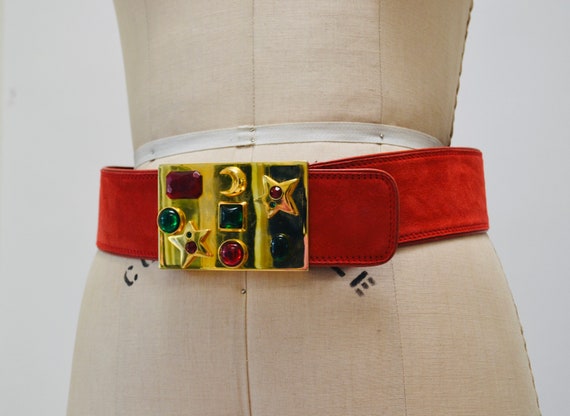 80s 90s Vintage ESCADA Red Gold Gemstone Belt Metalli… - Gem