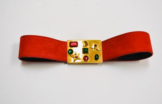 80s 90s Vintage ESCADA Red Gold Gemstone Belt Metalli… - Gem