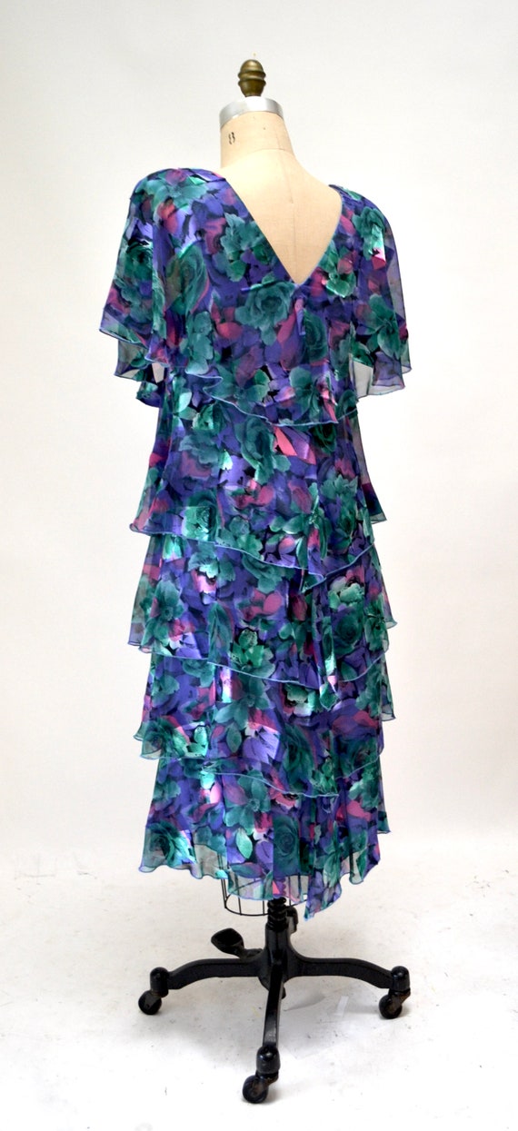 80s Vintage Ruffle Floral Print Dress Chiffon Blue Pu… - Gem