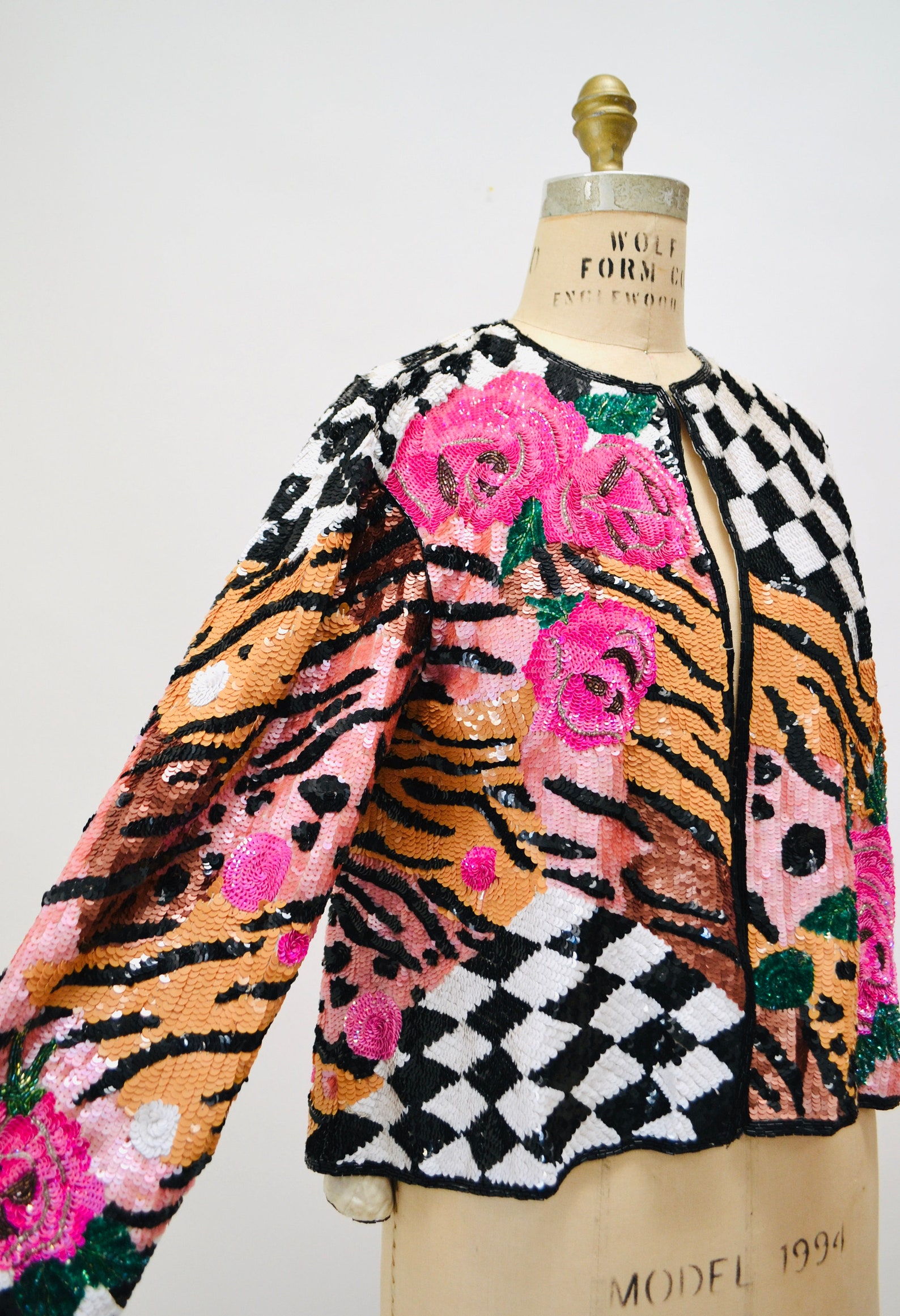 80s 90s Vintage Sequin Jacket Floral Zebra Checkered Sequin Jacket Size ...