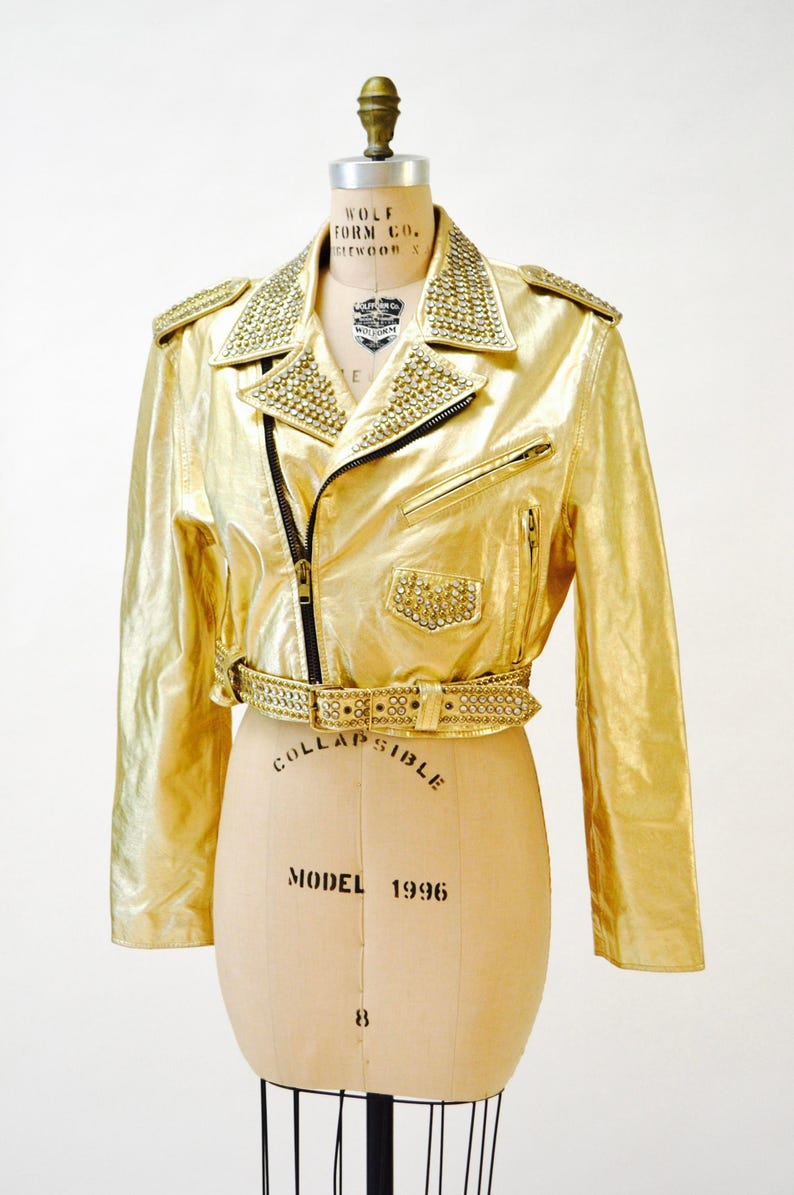 Amazing Vintage Gold Leather Biker Jacket With Rhinestones | Etsy