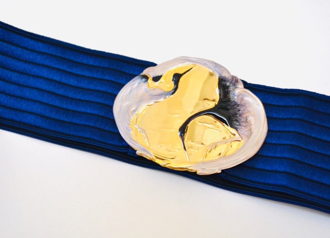 80s 90s Vintage Gold Blue Belt Buckle Blue Crane Bird Stretch Elastic ...