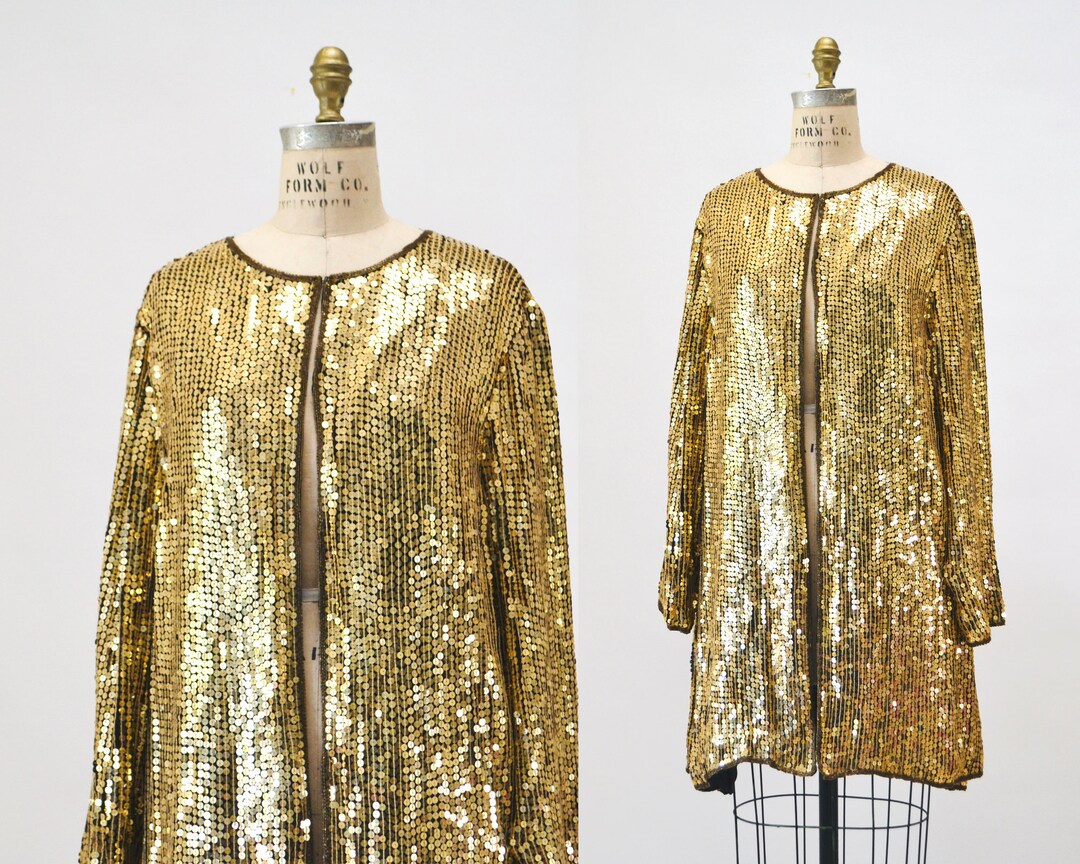 80s 90s Gold Vintage Sequin Jacket Gold Metallic Jacket Size Large XL ...