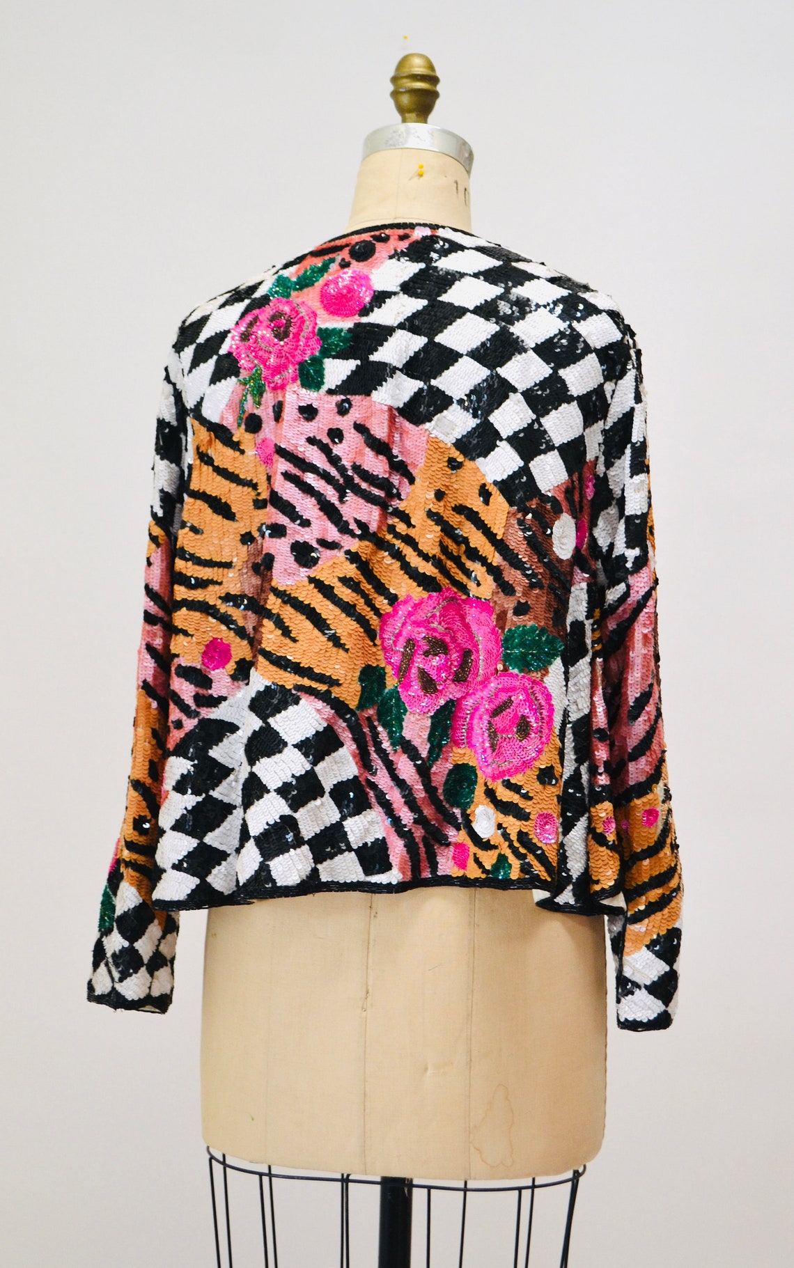 80s 90s Vintage Sequin Jacket Floral Zebra Checkered Sequin Jacket Size ...