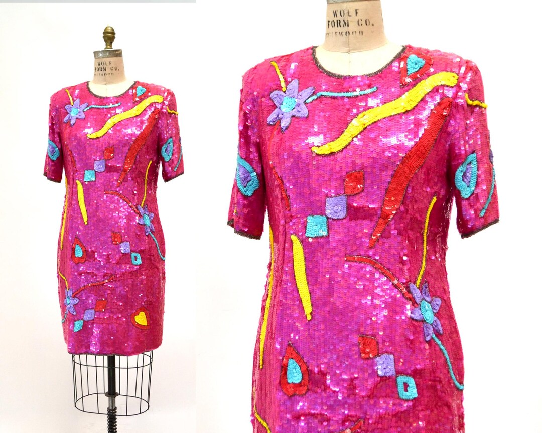 80s 90s Vintage Pink Sequin Dress Medium Pop Art Metallic Dress Pink ...