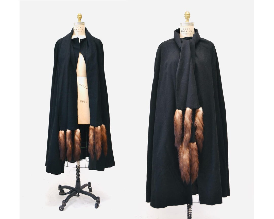70s Vintage Black Wool Shawl Poncho Cape Brown Fur Trim Cape Cest ...