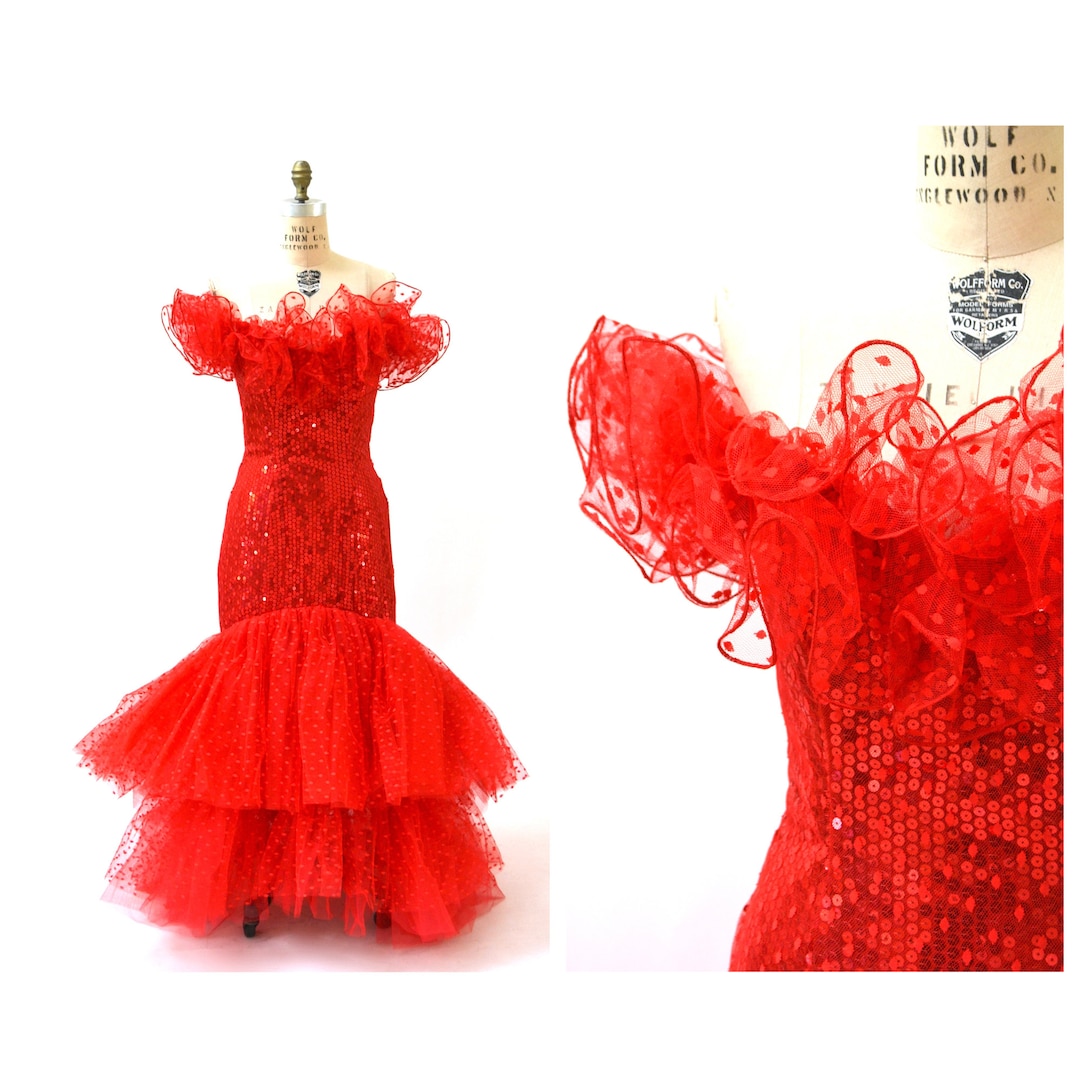 80s Prom Dress Red Sequin Gown Medium Large// Vintage 80s Red Sequin ...