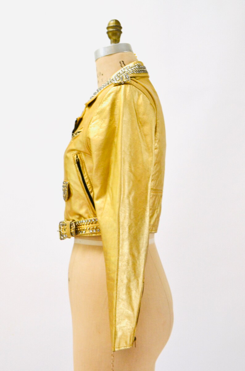 80s 90s Amazing Vintage Gold Leather Biker Jacket Rhinestones - Etsy