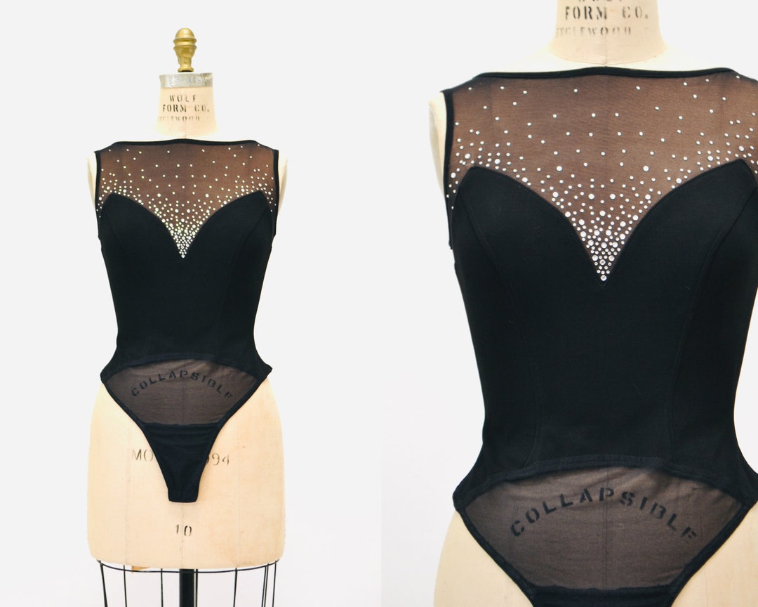 90s Black Sheer Body Suit Cache Size Medium // Black Body Suit Sheer ...