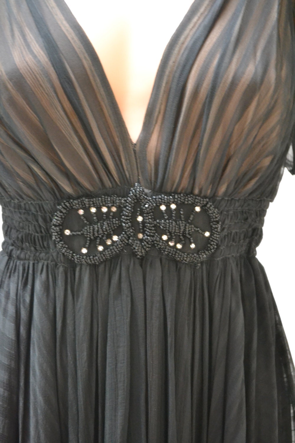 Black Silk Evening Gown Dress Size Small Plunging Neckline Open ...