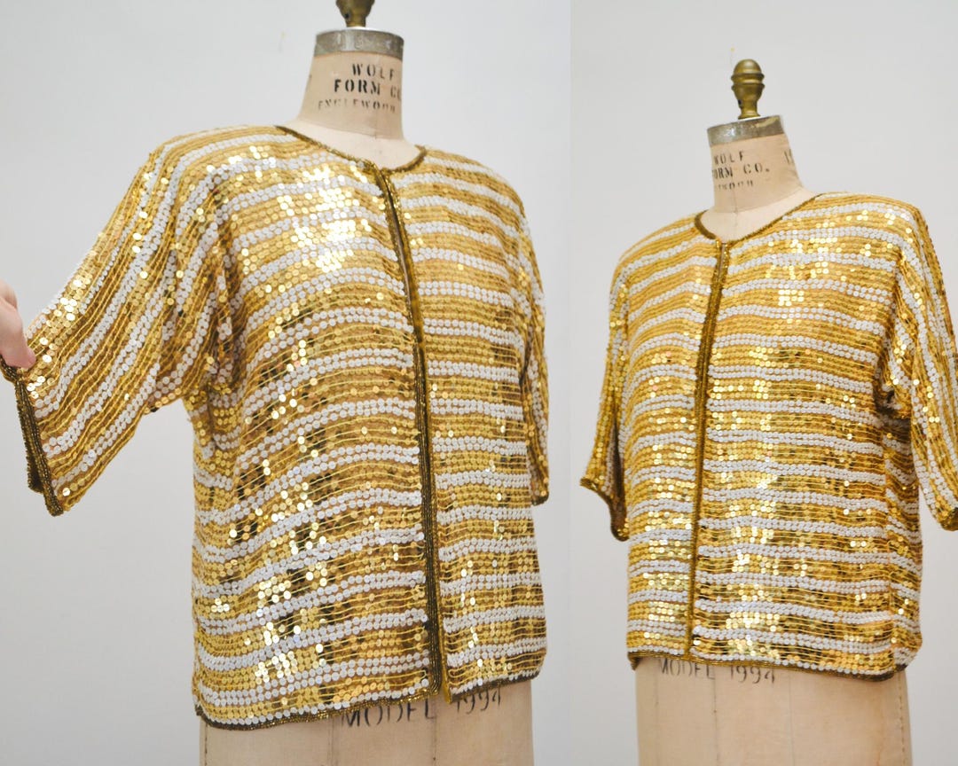 80s 90s Vintage Gold White Sequin Jacket Medium Stripe// 90s Metallic ...