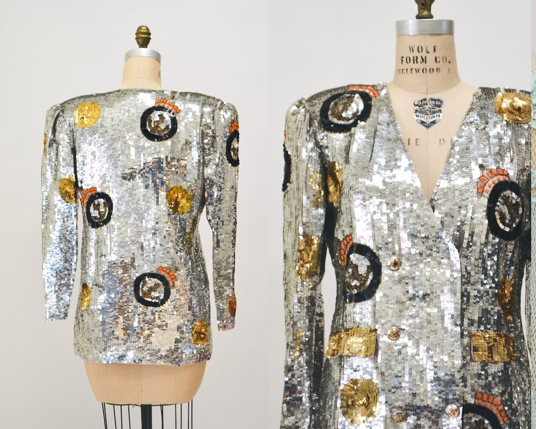 80s 90s Vintage Silver Sequin Jacket// Vintage Silver Sequin Boat Party ...