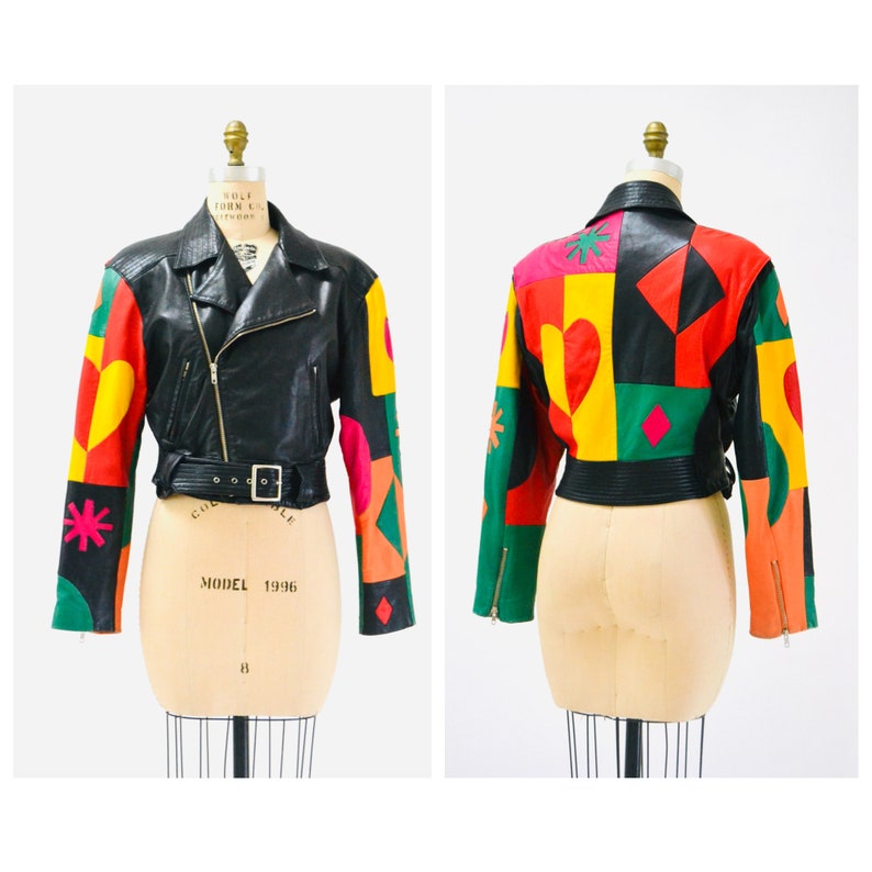 Vintage Black Leather Motorcycle Jacket Rainbow Heart Stars North Beach ...
