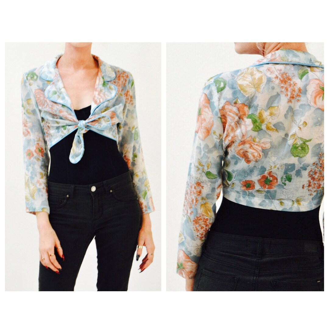 70s Vintage Boho Floral Print Crop Top Shirt Voile Cotton Small Medium ...