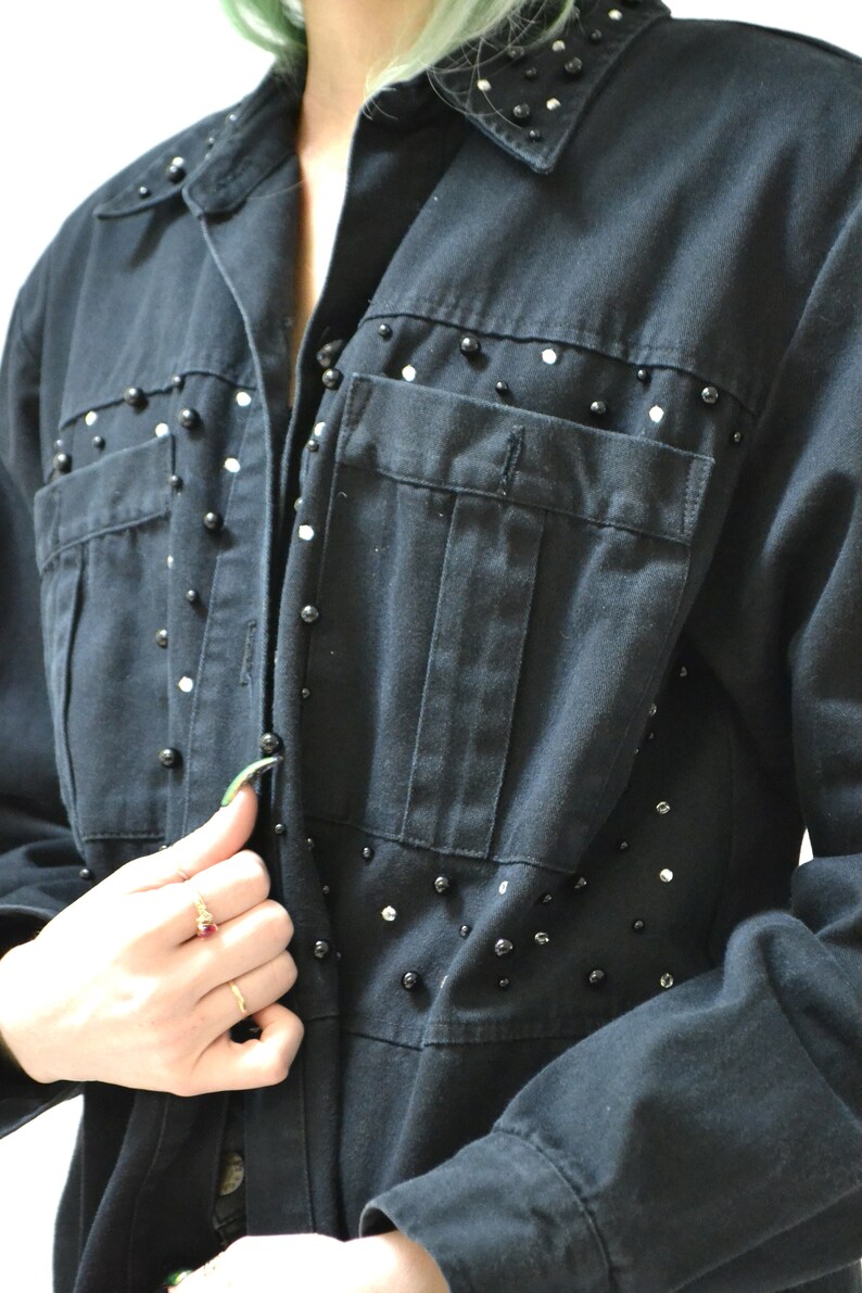 Vintage 80s 90s Black Studded Denim Jacket Rhinestones Beads | Etsy