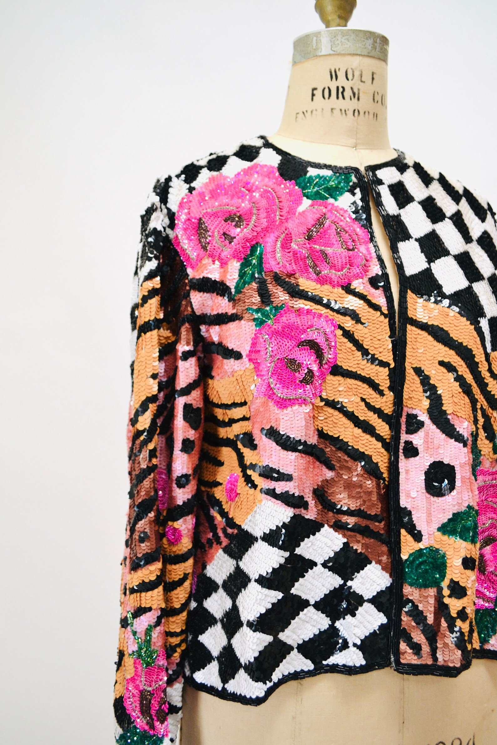 80s 90s Vintage Sequin Jacket Floral Zebra Checkered Sequin Jacket Size ...